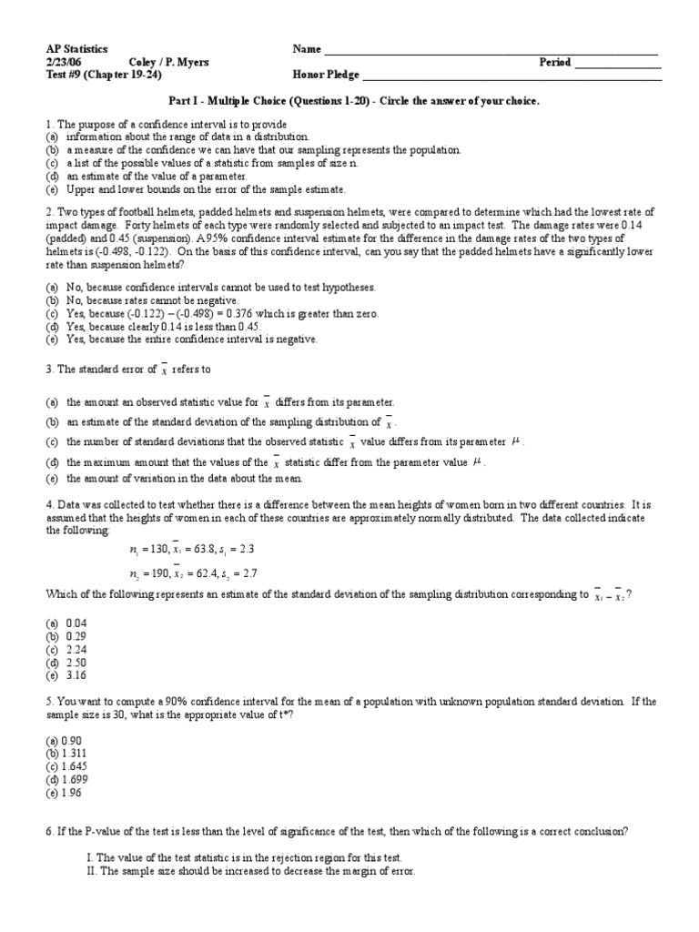 AP Stat - Test 9 (Chapters 19-24) - 2005-2006 | PDF | Statistical ...
