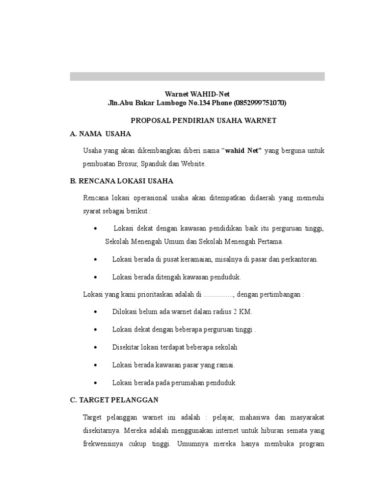Proposal Usaha Warnet WAHID-Net | PDF | Bisnis | Komputer