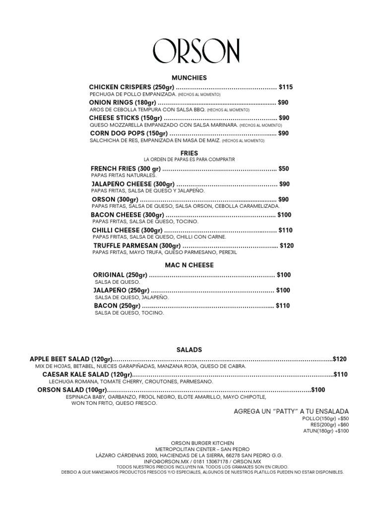 Menú de Orson Burger Kitchen | PDF | Alimentos | Cocina europea