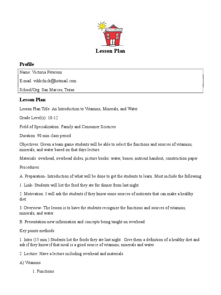 Vitamins and Minerals Lesson Plan | PDF | Lesson Plan | Vitamin
