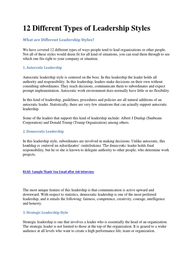 12 Different Types of Leadership Style1 | PDF | Transformational ...