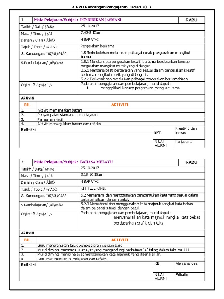 Contoh RPH SJKT | PDF
