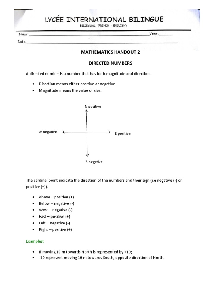 Mathematics Handout 2 Directed Numbers: N Positive | PDF | Integer ...