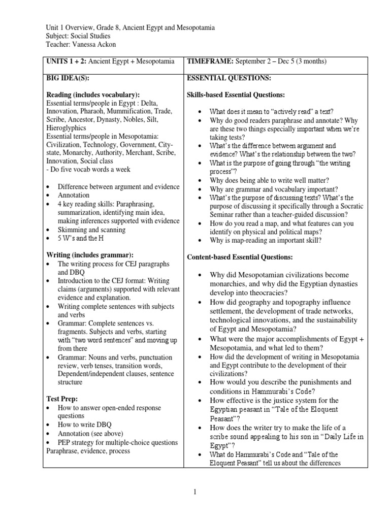 8th Grade Unit 1 2 Plan Egypt Mesopotamia 2 | PDF | Mesopotamia ...