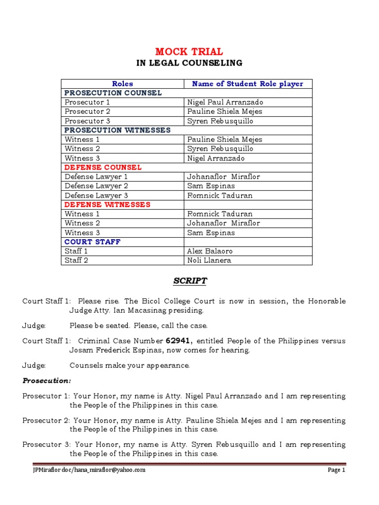 Mock Trial Script in Legal Counseling | PDF | Witness | Cross Examination