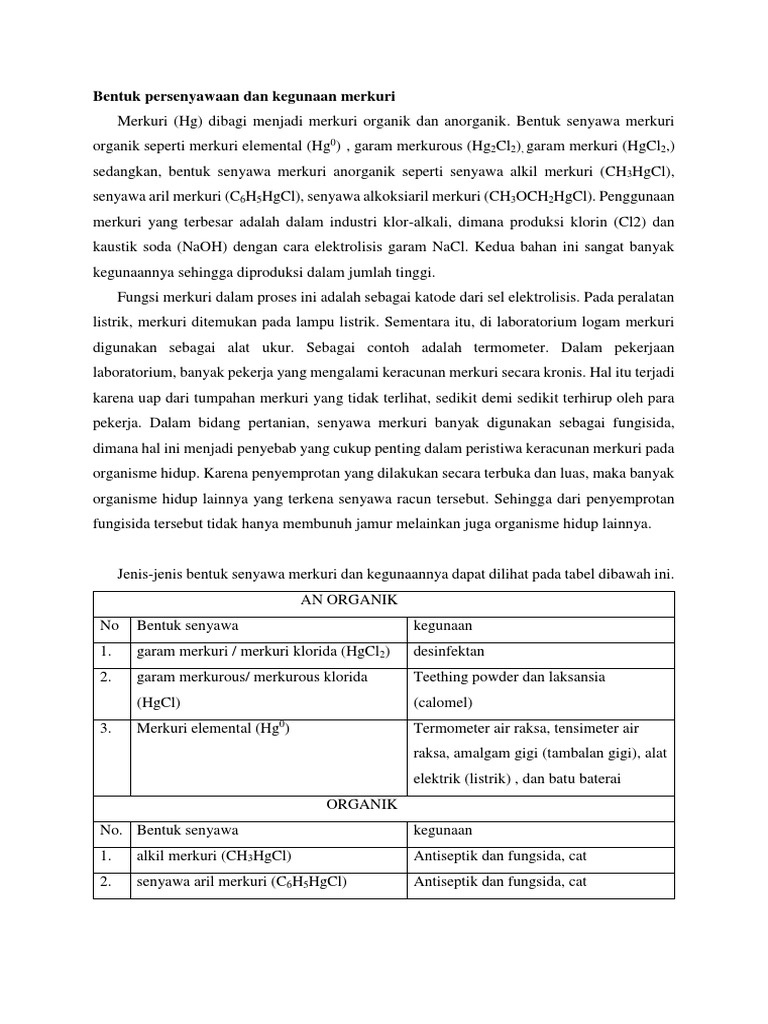 Bentuk Persenyawaan Dan Kegunaan Merkuri | PDF