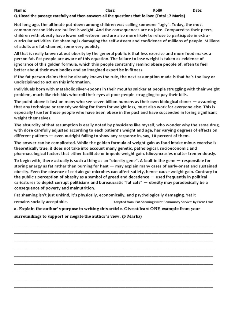 Reading Comprehension 13 March Fat Shaming II 2016 | PDF | Obesity ...