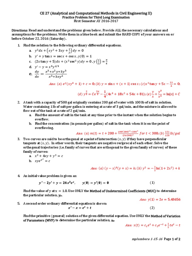 CE 27 11617 Practice Problems for Second LE | Differential Equations ...