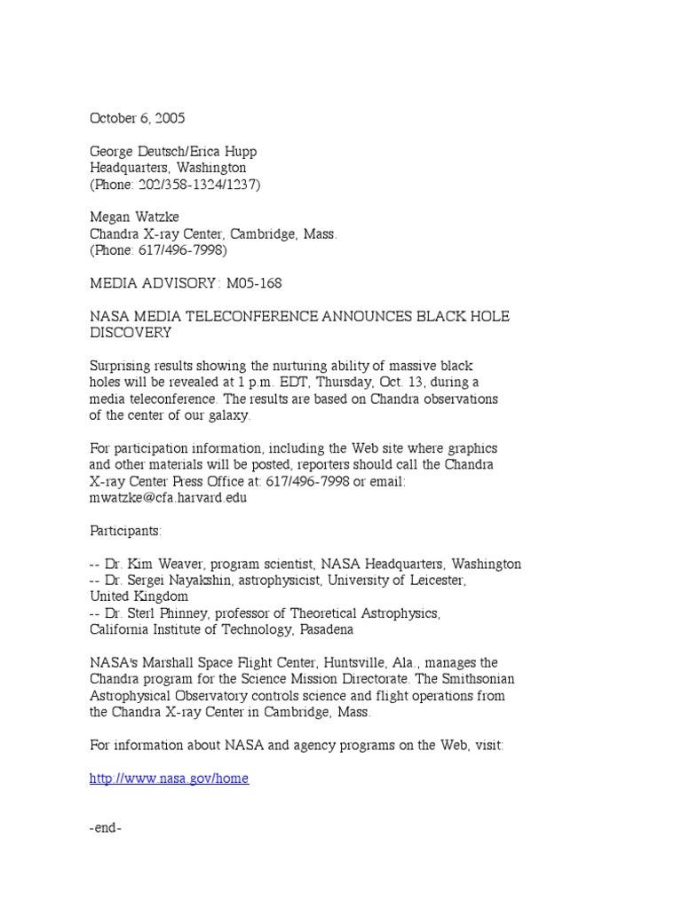 Official NASA Communication HQ M05168 Chandra Telecon | PDF
