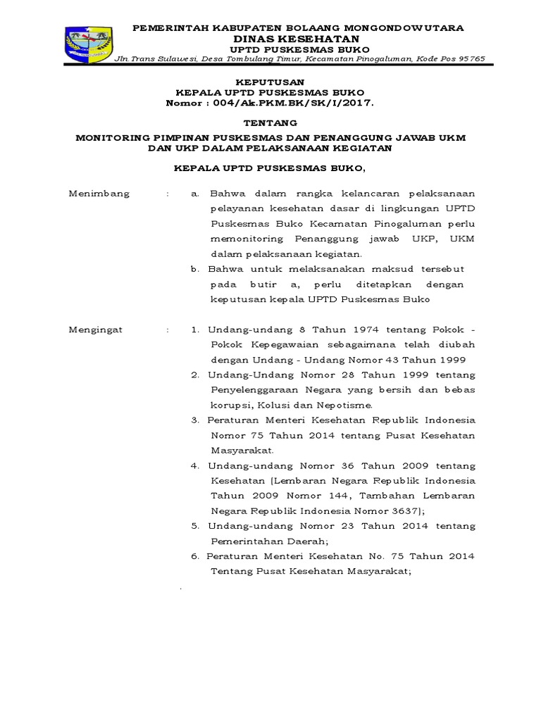SK Monitoring Pimpinan Puskesmas Dan Penanggung Jawab Ukm Ukp | PDF