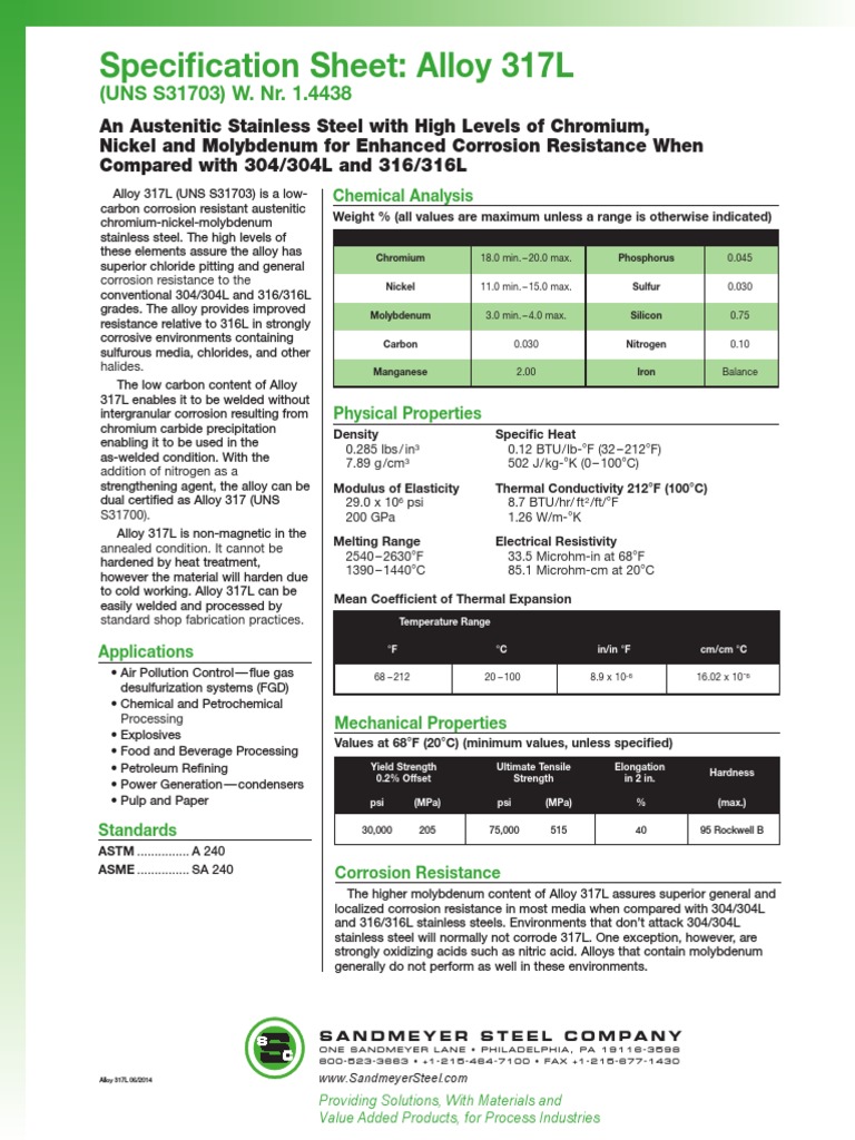 Specification Sheet: Alloy 317L: (UNS S31703) W. Nr. 1.4438 | PDF ...