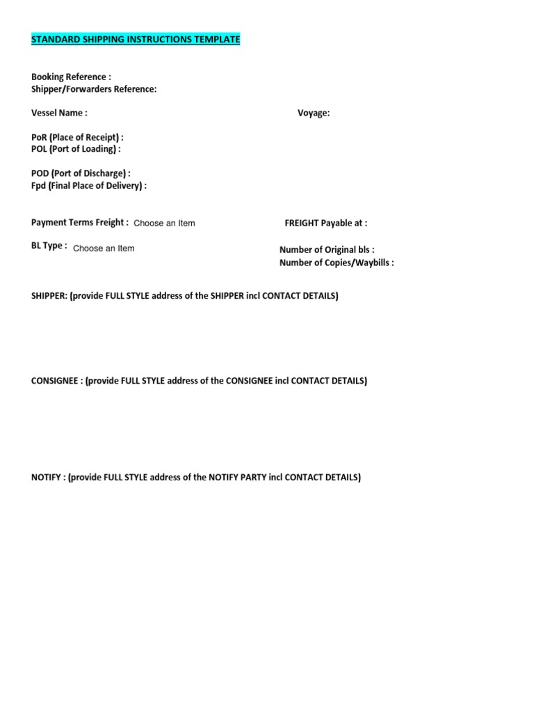 Standard Shipping Instructions Template | PDF | Cargo | Invoice