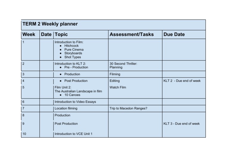 Term 2 Weekly Planner | PDF
