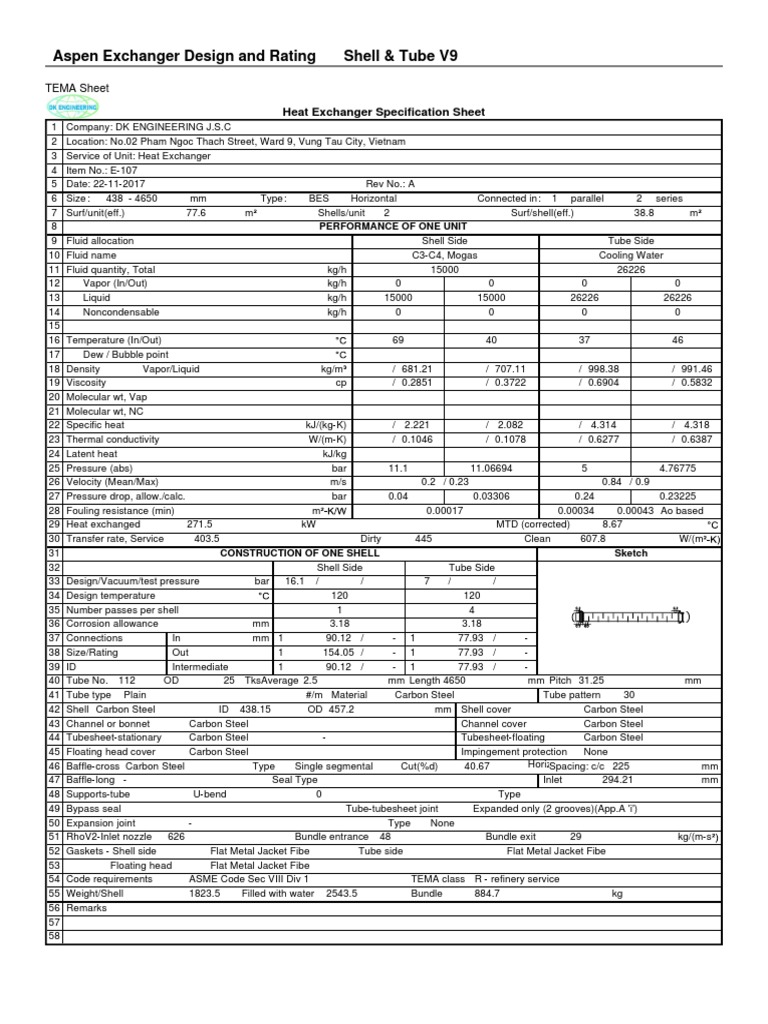 Aspen Exchanger Design and Rating Shell & Tube V9: Tema Sheet ...