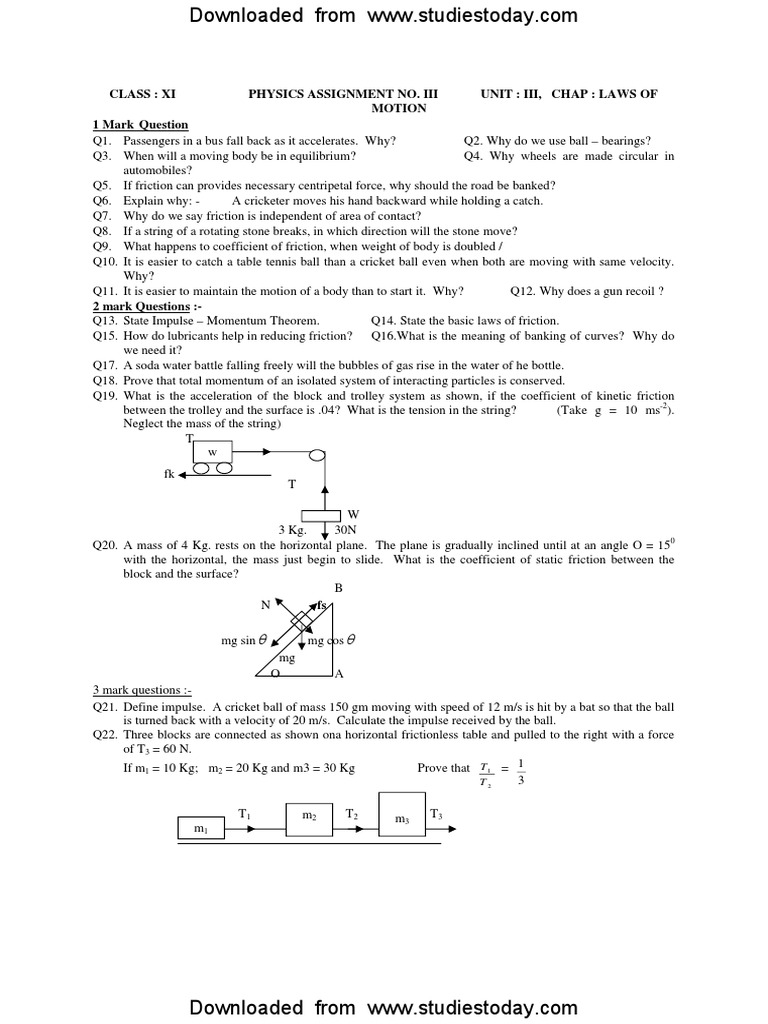 CBSE Class 11 Physics Worksheet | PDF | Friction | Motion (Physics)