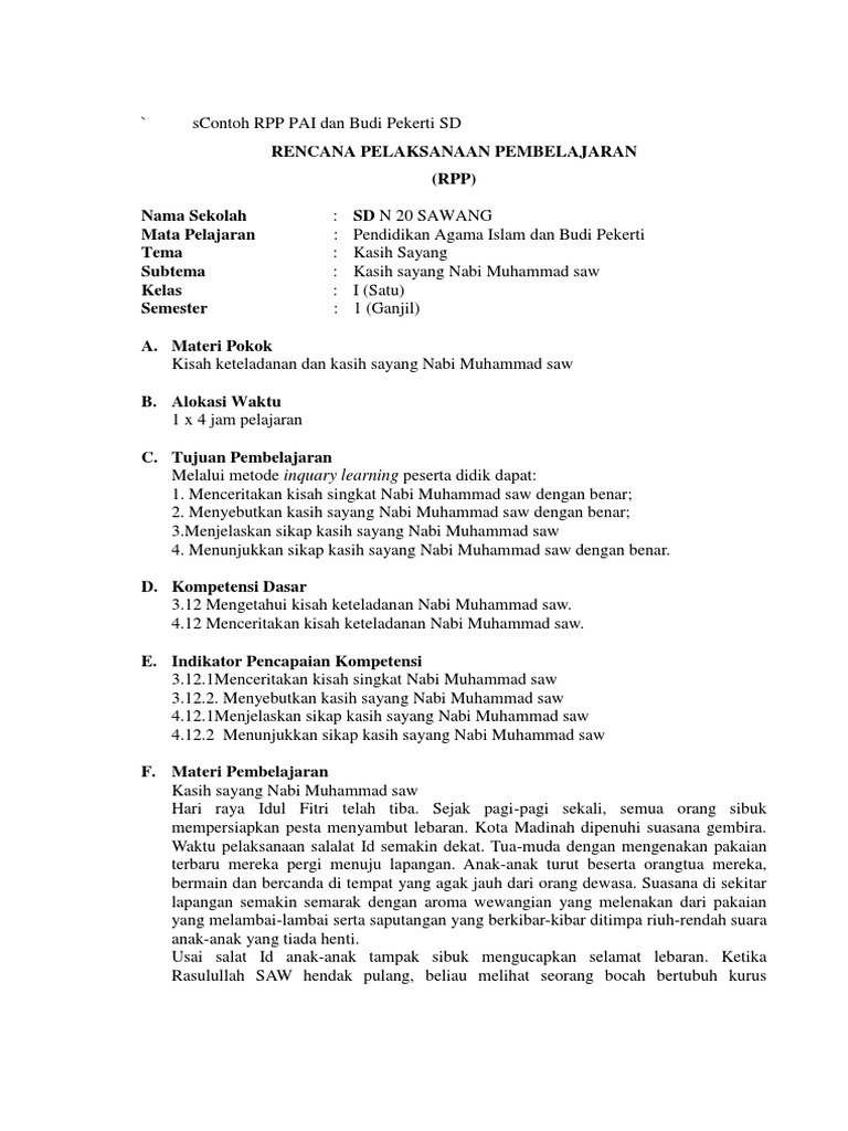 Contoh RPP PAI SD - Kasih Sayang | PDF | Karier & Perkembangan