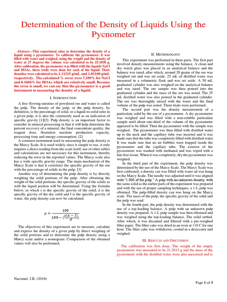 Determining the Density of Liquids Using a Pycnometer: An Experimental ...