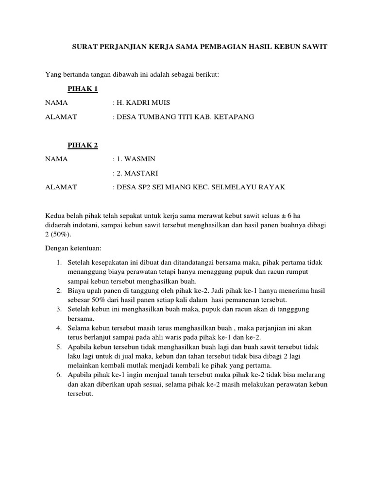 Surat Perjanjian Kerja Sama Pembagian Hasil Kebun Sawit | PDF