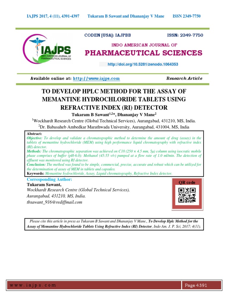 To Develop HPLC Method For The Assay of Memantine Hydrochloride Tablets ...