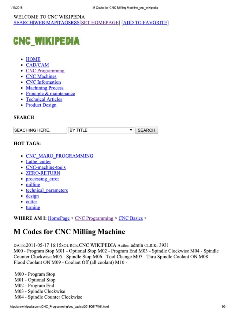 M Codes For CNC Milling Machine - CNC - Wikipedia | PDF