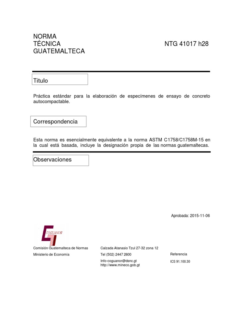 Norma NTG 41017 h28 Astm c1758 (Elaboracion de Especimenes Concreto ...