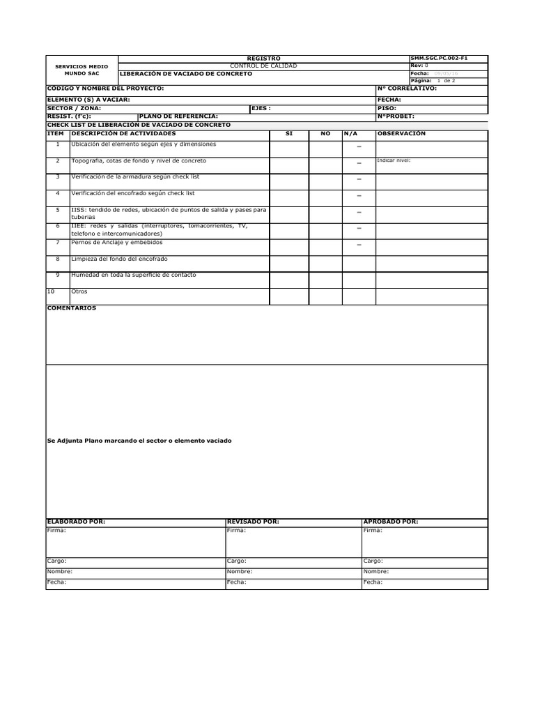 PC002-F1 Liberación de Vaciado de Concreto Rev 0 | PDF | Industrias | Materiales de construcción
