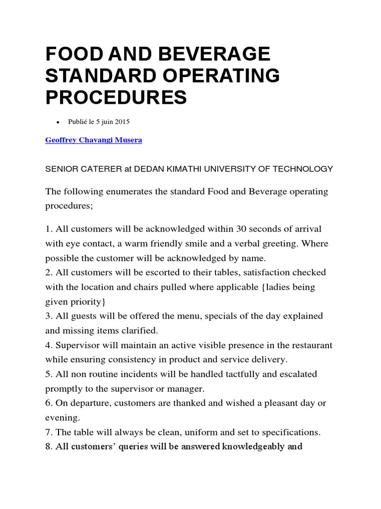 Food and Beverage Standard Operating Procedures | PDF | Foodservice ...