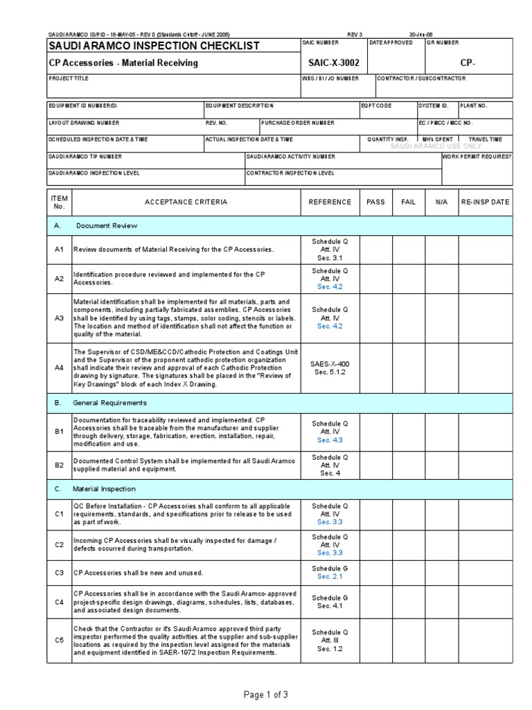 Saudi Aramco Inspection Checklist: CP Accessories - Material Receiving ...