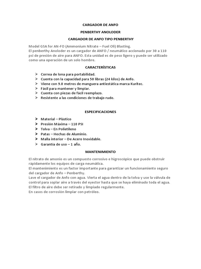 Cargador de ANFO Penberthy y Jet-Anol | PDF