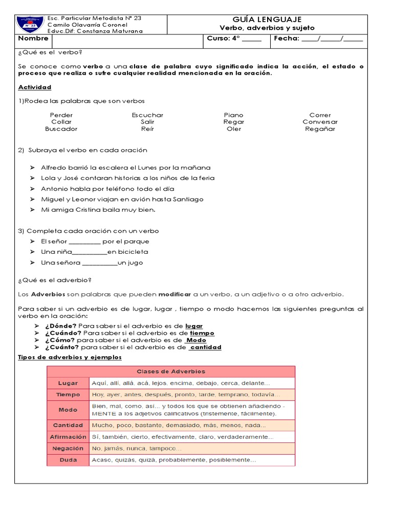 Guia de Lenguaje 4º Verbos, Adverbios y Sust | PDF | Adverbio | Sustantivo