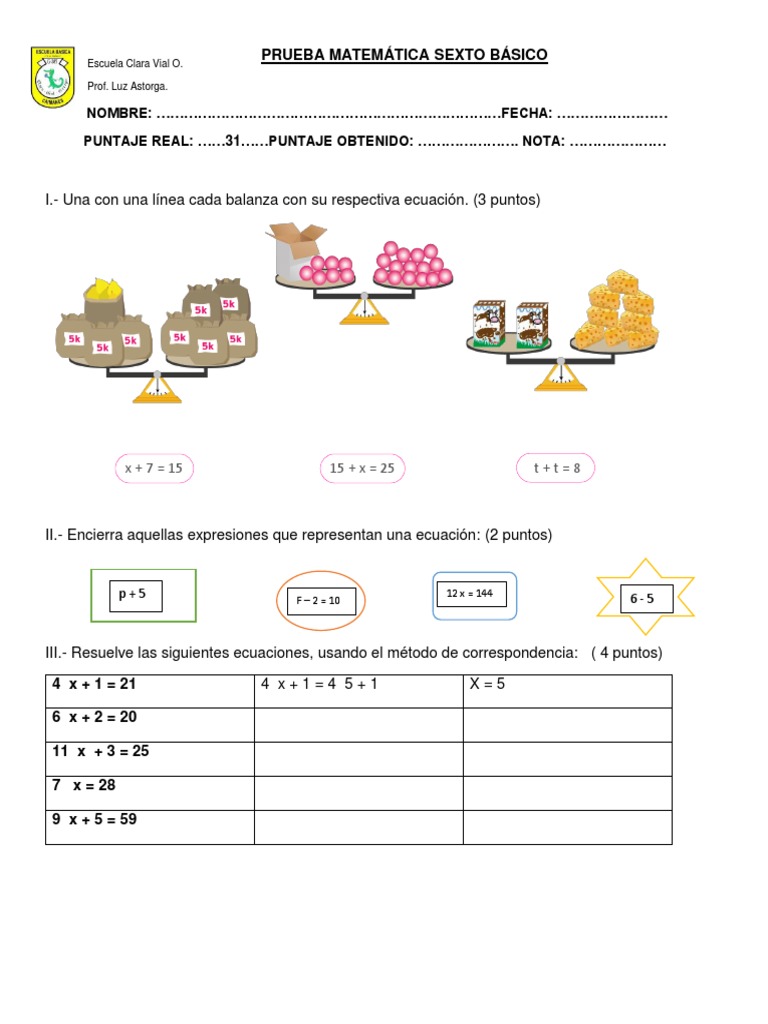 Prueba Ecuaciones 6to Básico | PDF