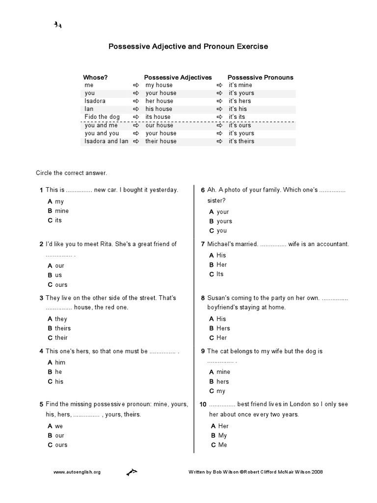 Ejercicios Pronombres y Adjetivos Posesivos | PDF | Syntactic ...