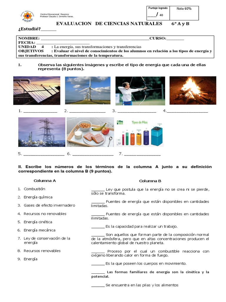 Evaluacion 6to Tipos de Energia | Fuels | Energy Industry