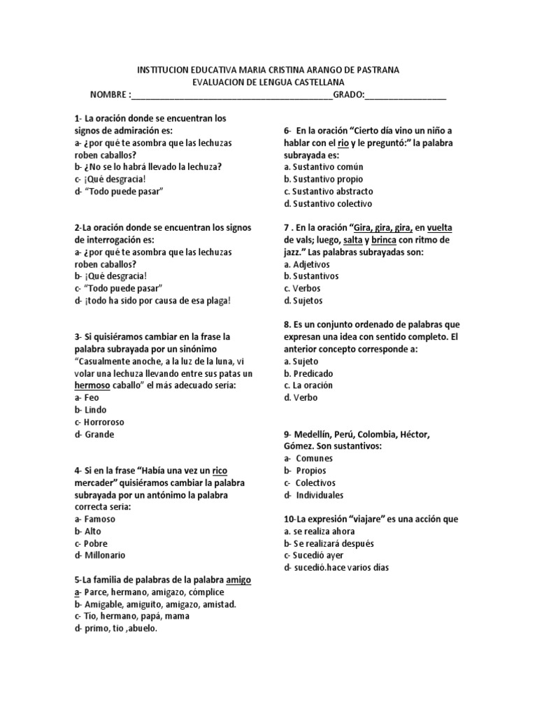 Evaluación de Español Grado 2 | PDF | Sustantivo | Oración (Lingüística)