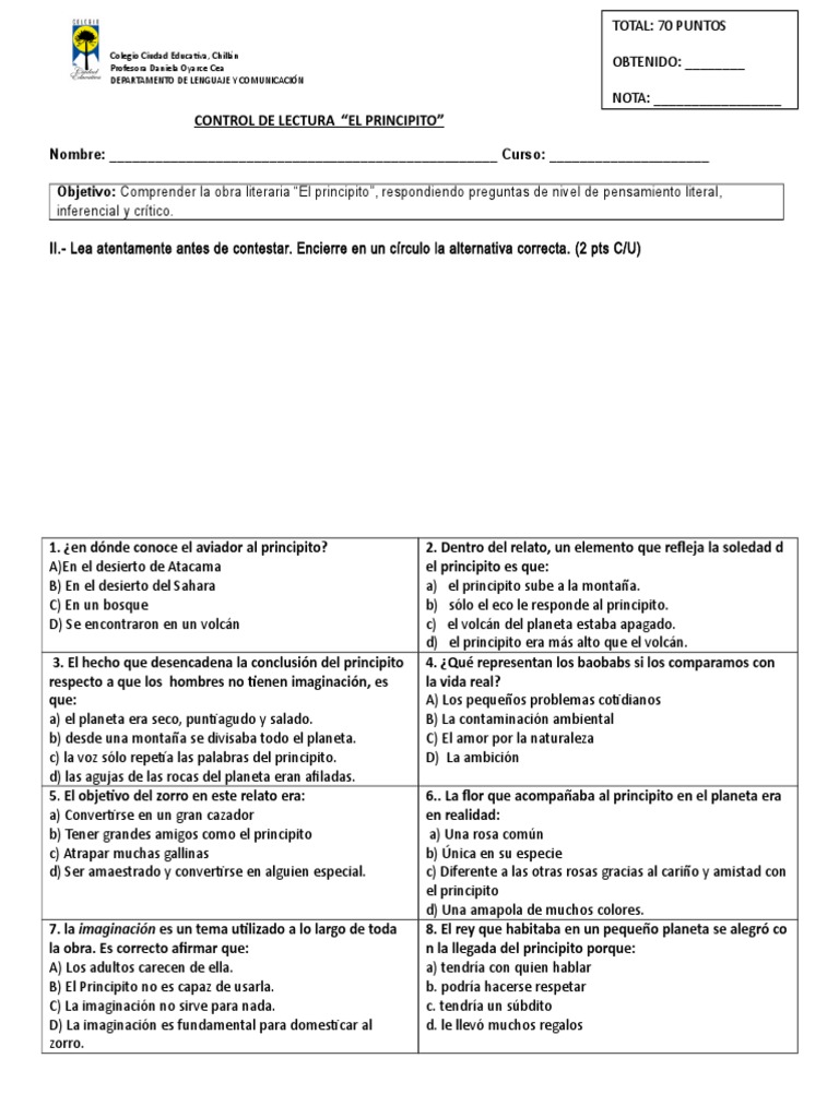 Control de Lectura: El Principito | PDF | El Principito