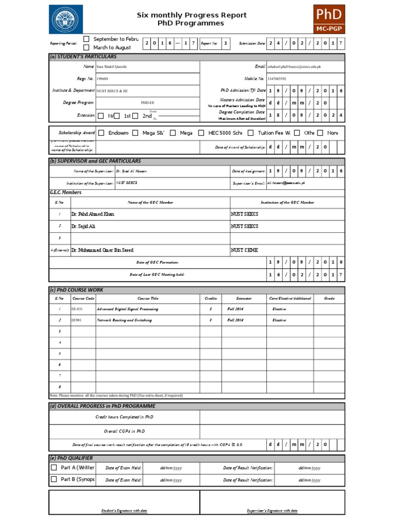 PHD Six Monthly Prgress Report 24-2-2017 | PDF | Doctor Of Philosophy ...