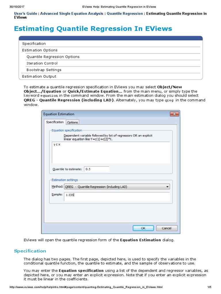 EViews Help - Estimating Quantile Regression in EViews | PDF | Bootstrapping (Statistics ...