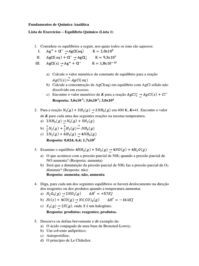 Lista de Exercícios sobre Equilíbrio Químico com Cálculos de Constante ...