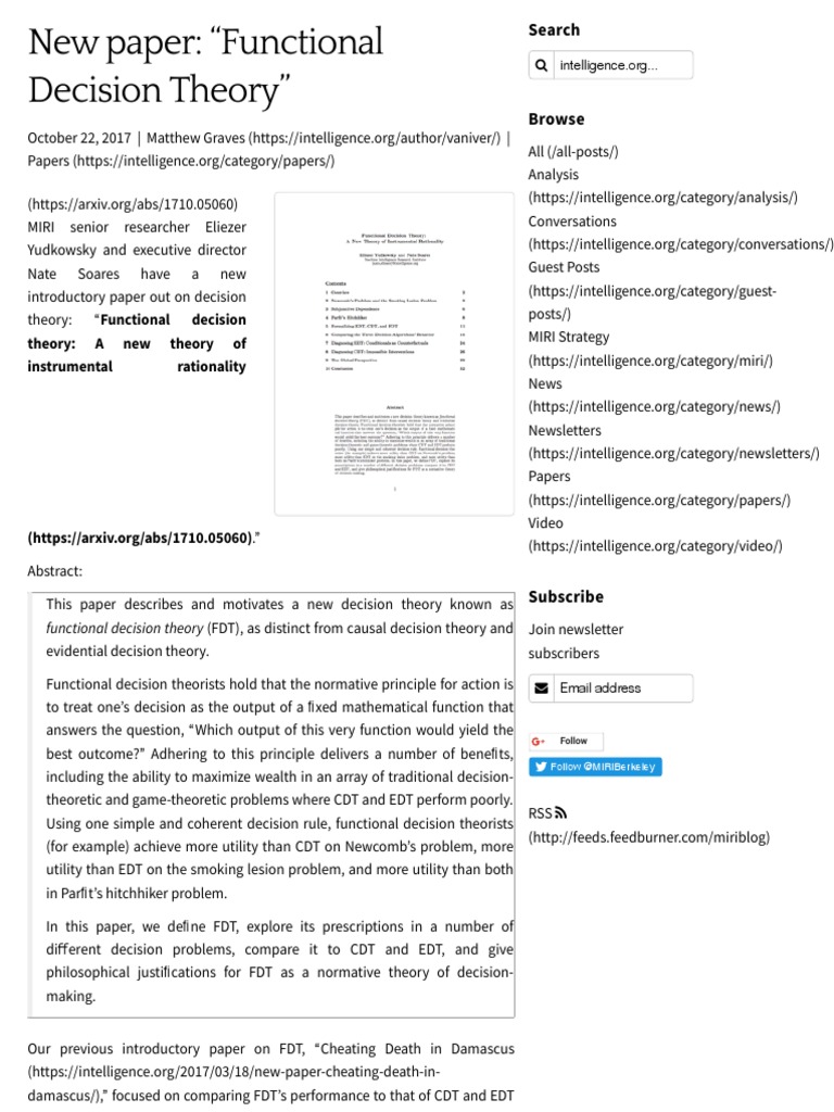 New Paper: "Functional Decision Theory" - Machine Intelligence Research ...