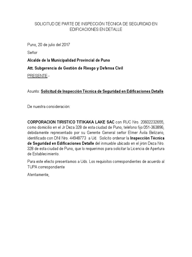 Solicitud de Parte de Inspección Técnica de Seguridad en Edificaciones en Detalle | PDF