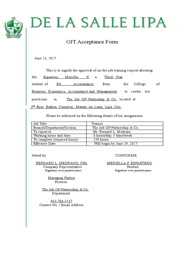OJT Acceptance Form: Signature Over Printed Name Signature Over Printed ...
