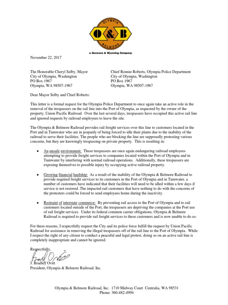 City of Olympia Trespass Letter | PDF | Government | Public Sphere