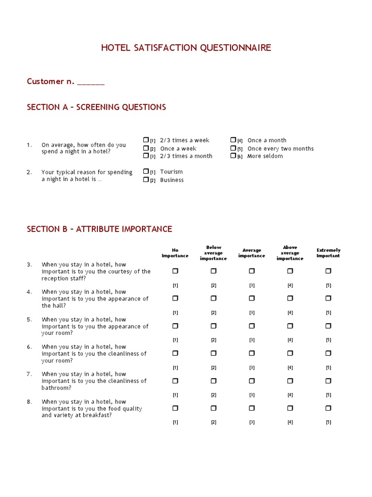 Hotel Satisfaction Questionnaire: Customer N. - Section A - Screening ...