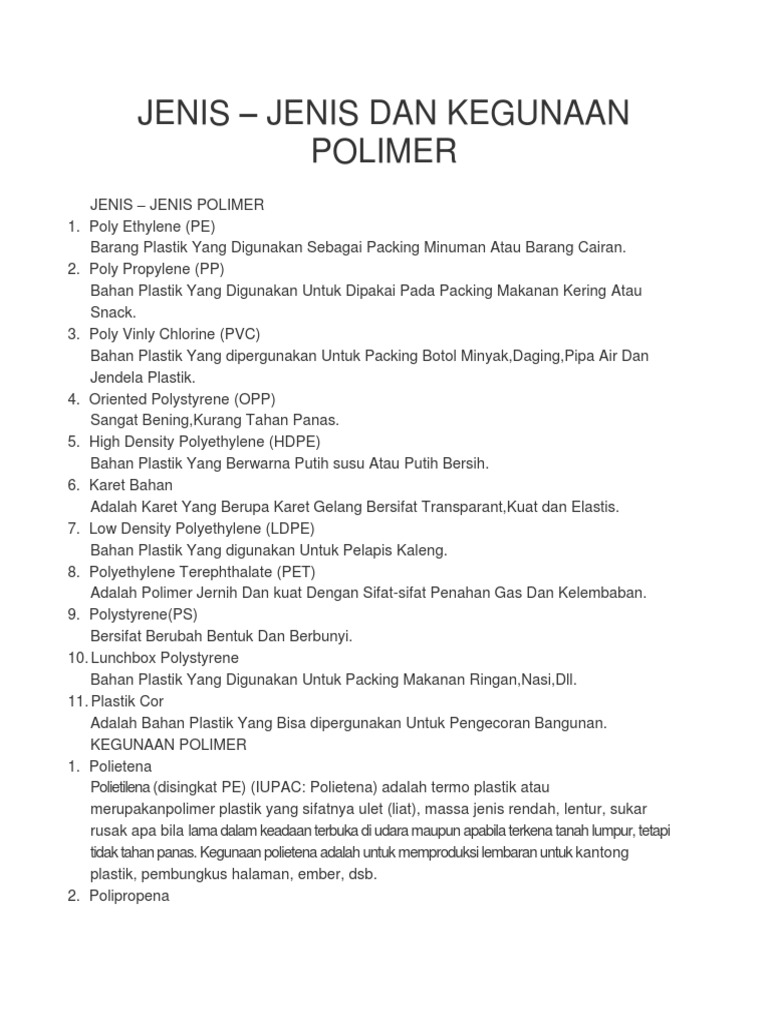 Jenis Jenis Polimer Dan Contoh Dalam Kehidupan Sehari Hari | PDF ...