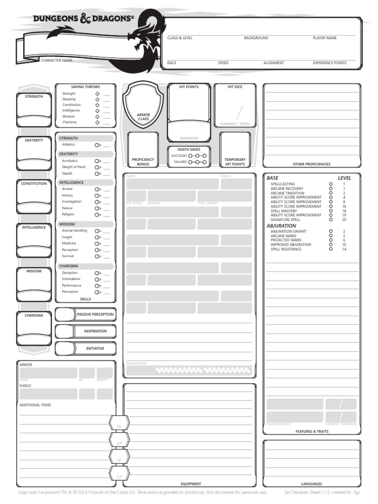 TgCharacterSheet v1.5 Wizard | PDF | Wizards Of The Coast Games | Gaming