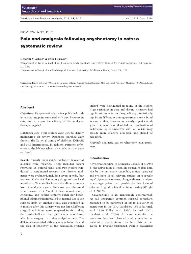 Pain and Analgesia Following Onychectomy in Cats: A Systematic Review ...