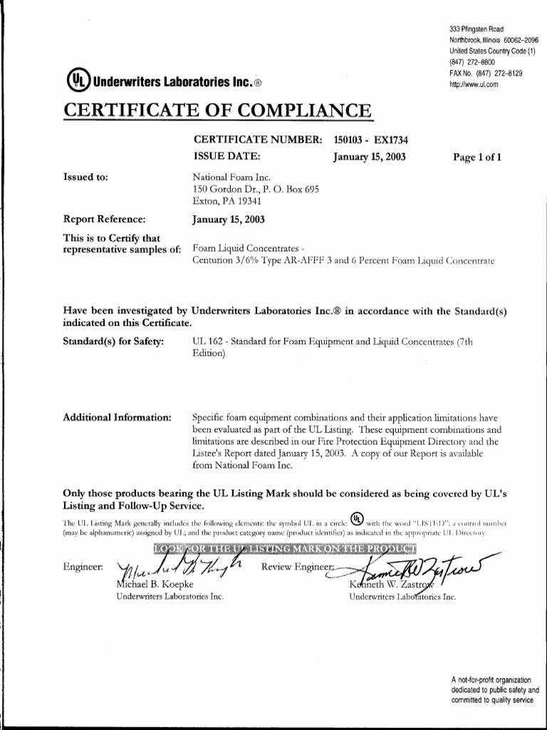UL Certificate - Centurion 3%-6% AR-AFFF | PDF