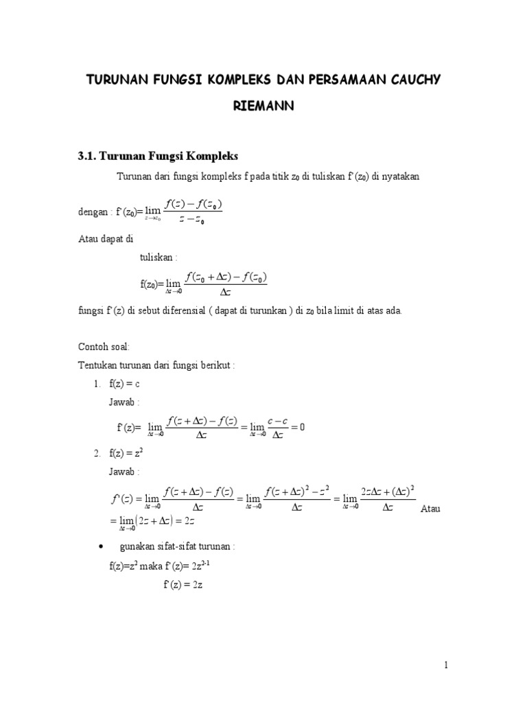Turunan Fungsi Kompleks Dan Persamaan Cauchy Riemann | PDF