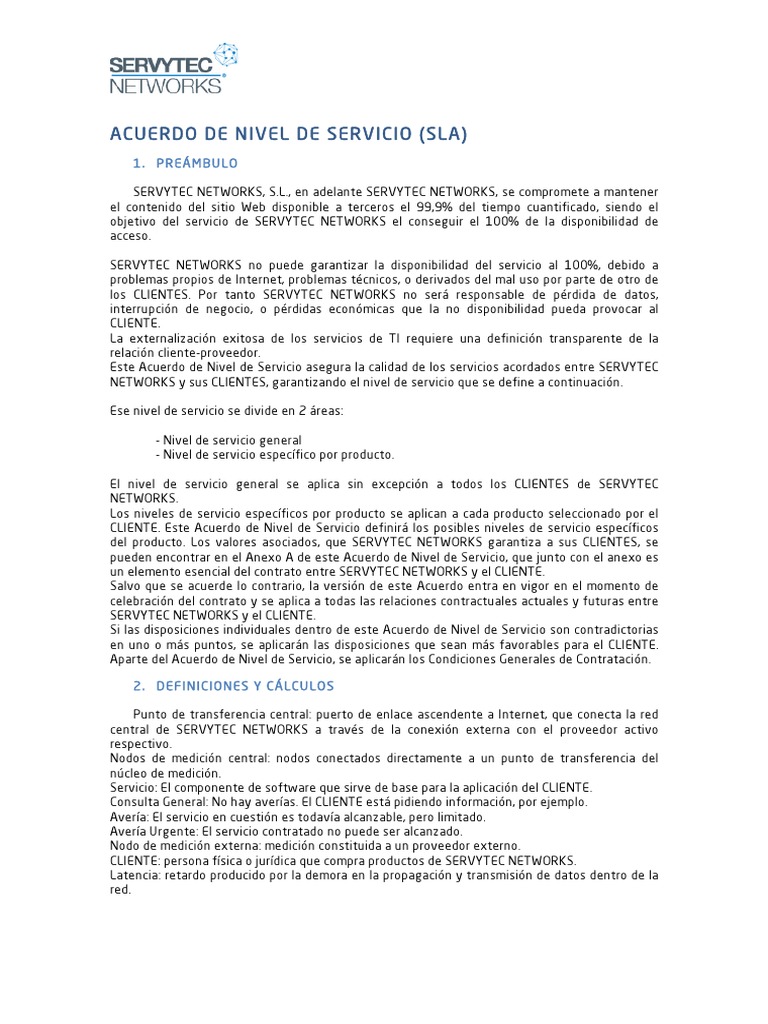 Acuerdo Servicio SLA | PDF | Acuerdo de nivel de servicio | Red de computadoras