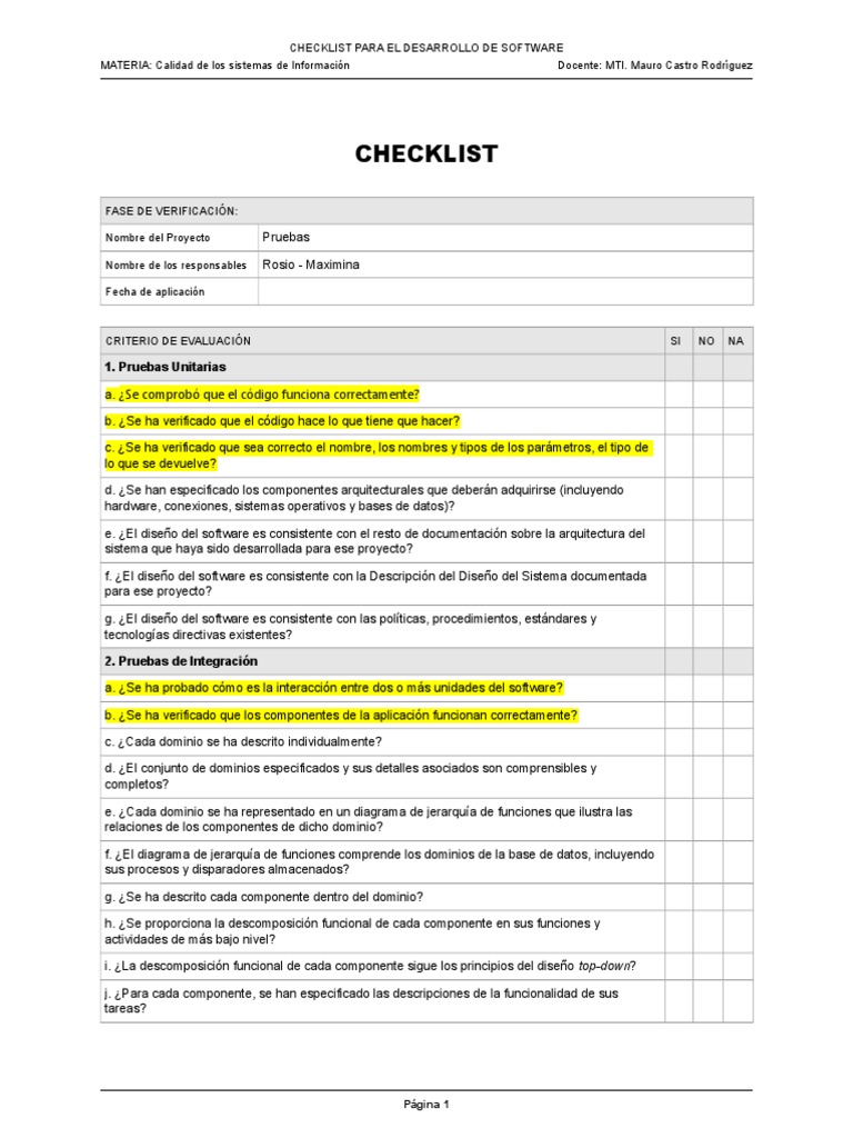Checklist | Ingeniería de software | Software | Prueba gratuita de 30 ...